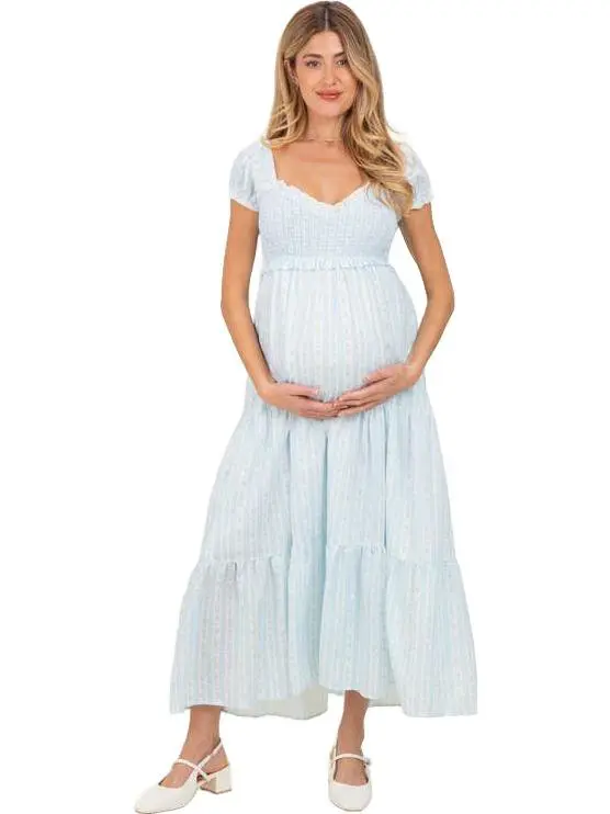 PINKBLUSH Floral Lace Trim Tiered Maxi Dress - Light Blue