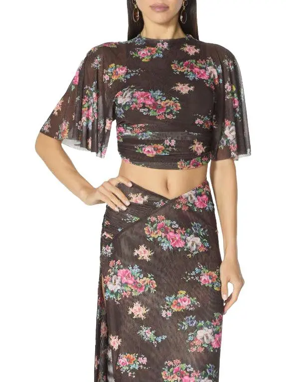 AFRM Kailie Ruched Flutter Sleeve Mesh Crop Top - Java Snake Floral