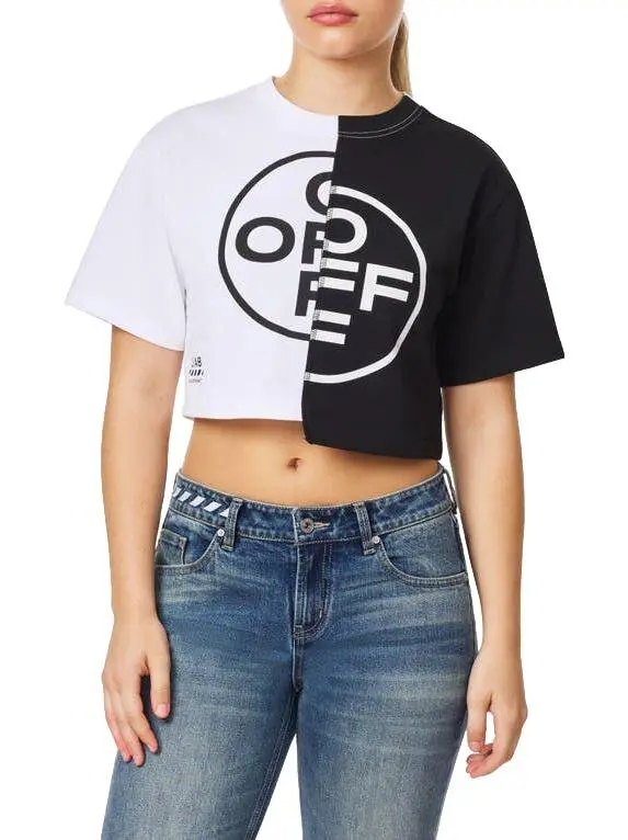 L/AB OFF-WHITE Spliced Graphic Cropped T-shirt - Bright White/black