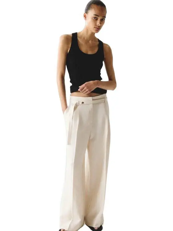 H&m Wide-leg Pants With Belt - Cream