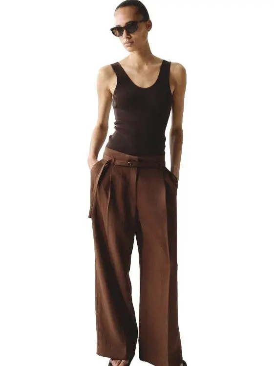 H&m Wide-leg Pants With Belt - Dark Brown
