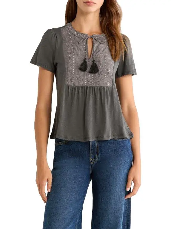Lucky Brand Embroidered Tie Neck Peasant Top - Castlerock