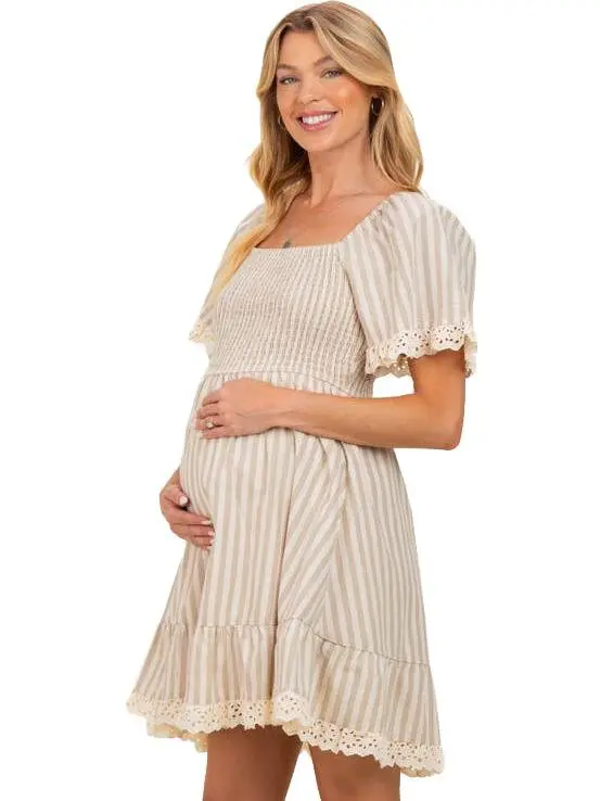 PINKBLUSH Striped Smocked Lace Trim Dress - Beige