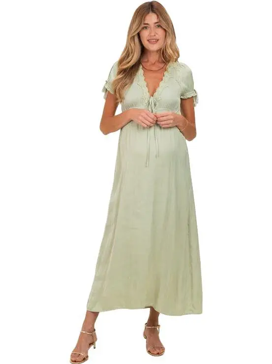 PINKBLUSH Satin Lace Detail Maxi Dress - Light Olive