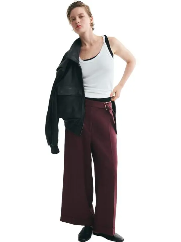 H&M Belted Straight-leg Ankle Pants - Dark Purple