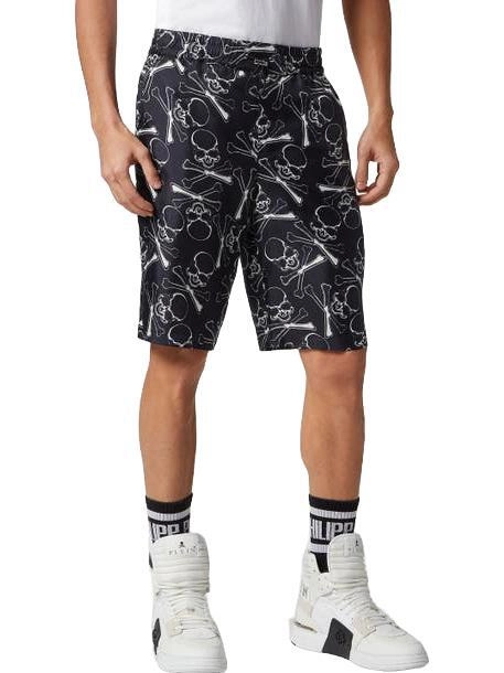 Philipp Plein Skull & Bones Print Silk Short Trousers - Black