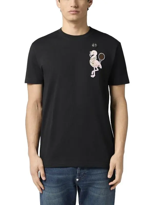 Philipp Plein Round Neck T-shirt Tennis Flamingo Patch - Black