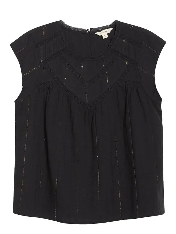 Lucky Brand Lace Inset Yoke Metallic Cotton Top - Caviar