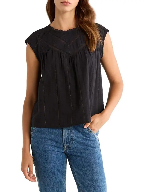 Lucky Brand Lace Inset Yoke Metallic Cotton Top - Caviar
