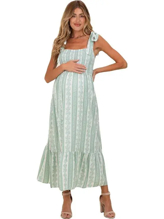 PINKBLUSH Floral Stripe Smocked Shoulder Tie Midi Dress - Light Olive