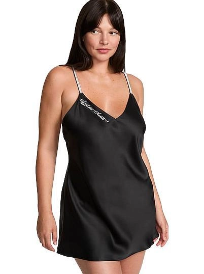 Victoria's Secret Very Sexy Shine Script Satin Mini Slip Dress - Black