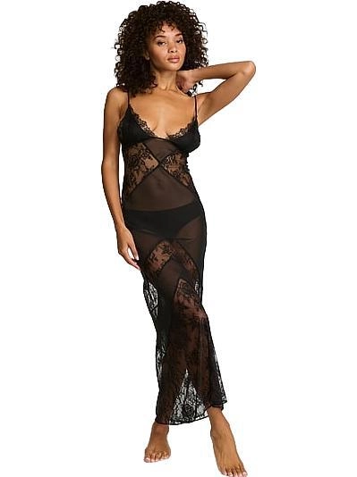Victoria's Secret Very Sexy Chiffon & Rose Lace Maxi Slip Dress - Black