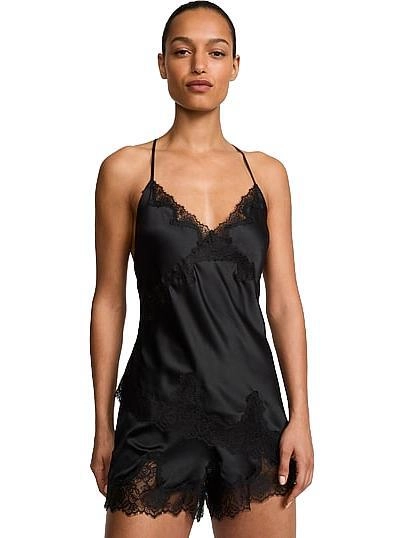 Victoria's Secret Very Sexy Satin Rose Lace-trim Asymmetric Cami Top - Black