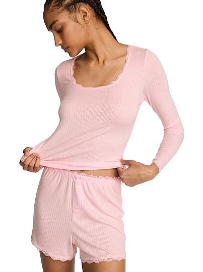 Victoria's Secret Pointelle Rib Long-sleeve Tee & Short Set - Pink