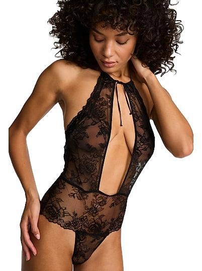 Victoria's Secret Very Sexy Rose Lace High-neck Teddy - Black