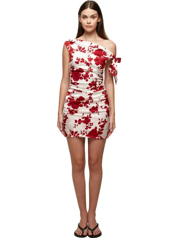 SWF Ruched One-shoulder Mini Dress With Tie Detail - Red Veil