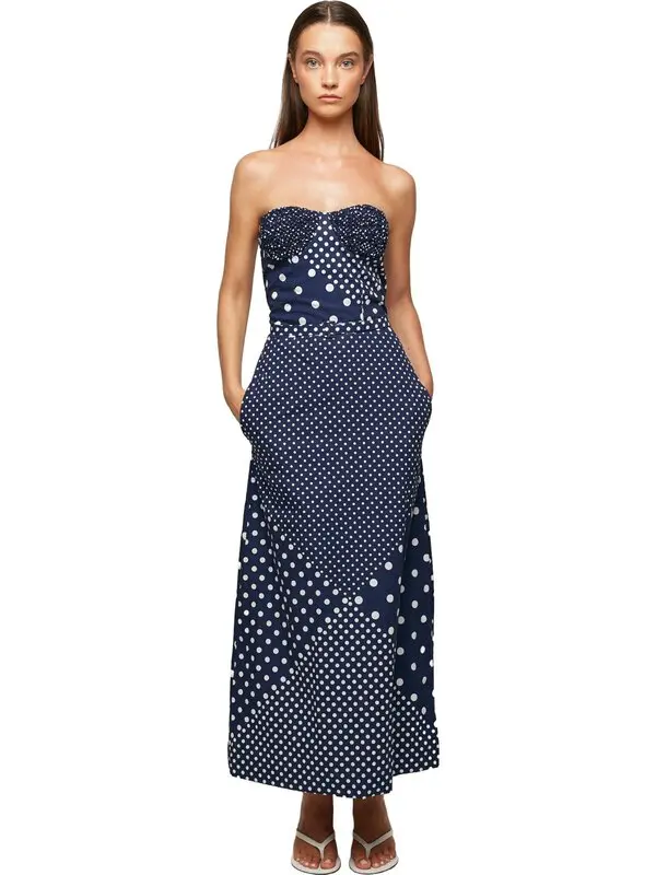 SWF Contoured Strapless Midi Dress With Shirred Bodice And A-line Skirt - Midnight Scatter