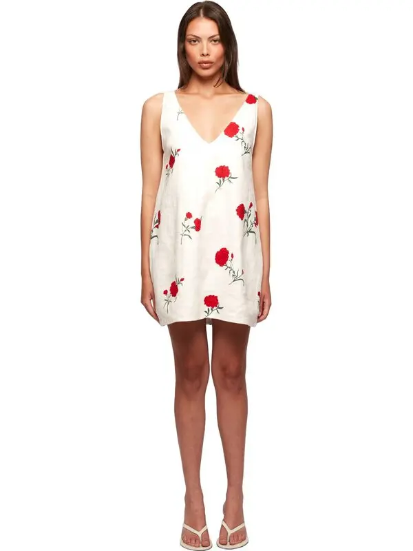 SWF Linen V-neck Embroidered Shift Dress - Bloom
