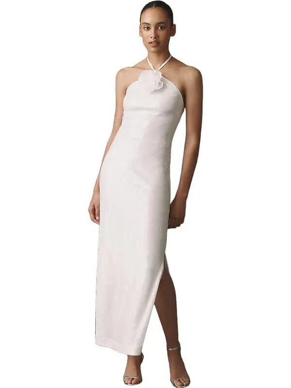 Endless Rose Halter Sequin Maxi Dress With Rosette Detail - White