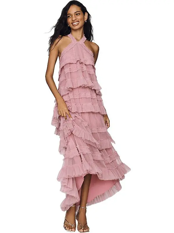 Mac Duggal Mesh Halter Dress - Rose