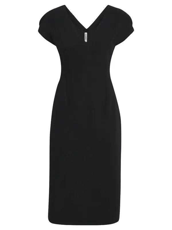 JIL SANDER Wool Sablé V-neck Midi Dress - Black