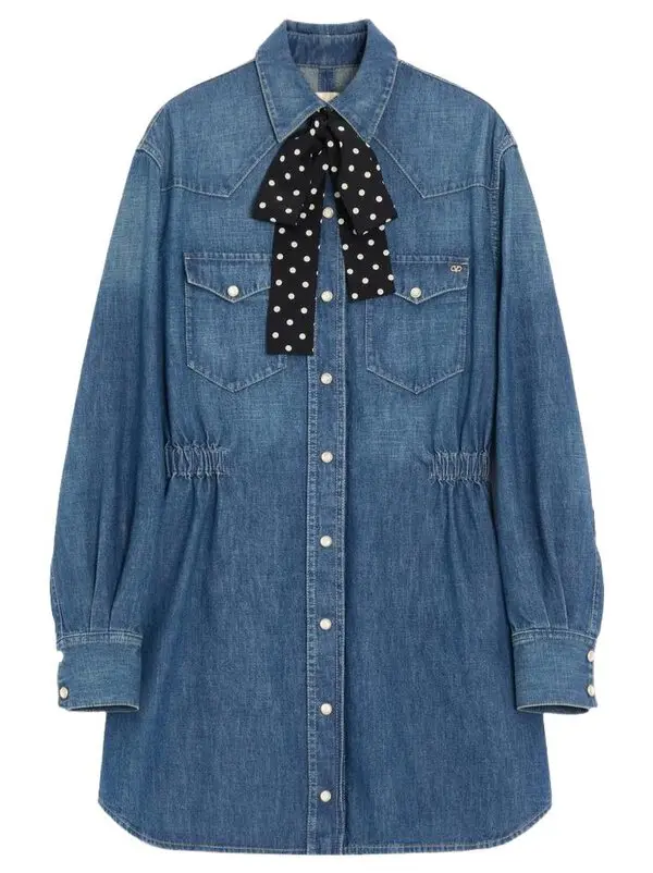 Valentino Garavani Midi Denim Shirt Dress With Polka Dot Scarf - Blue