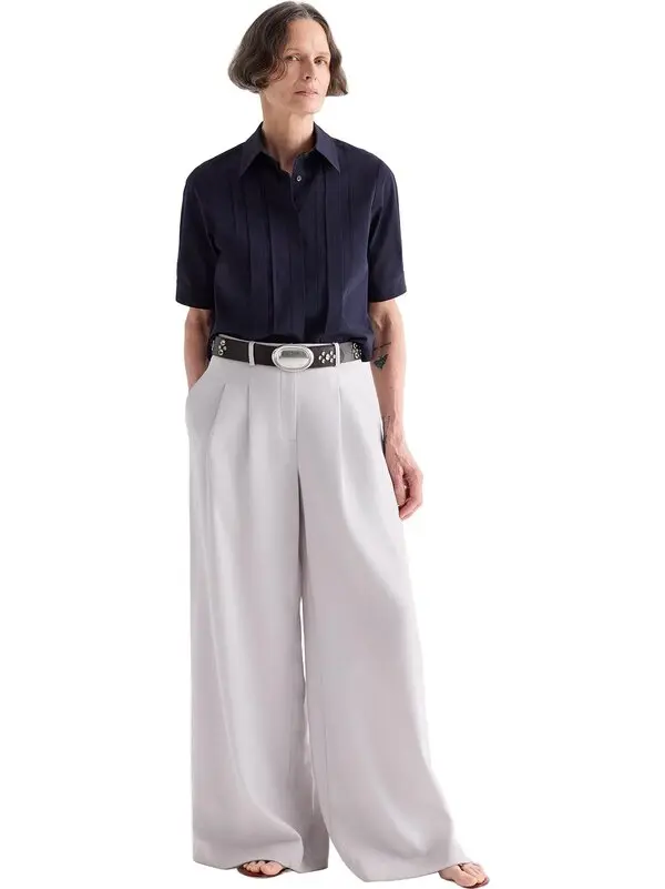 TWP Short Lived Shirt With Pleated Placket In Super Compact Poplin - Midnight