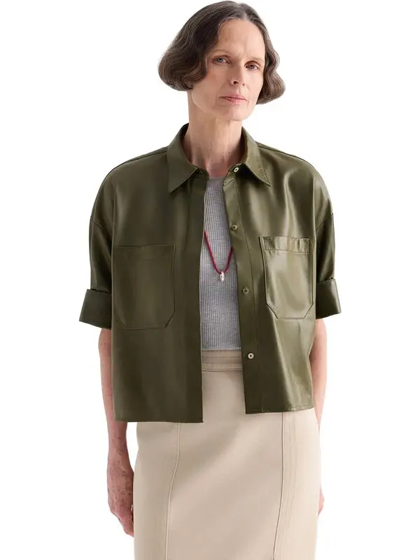 TWP Paper Leather Cropped Shirt - Beetle