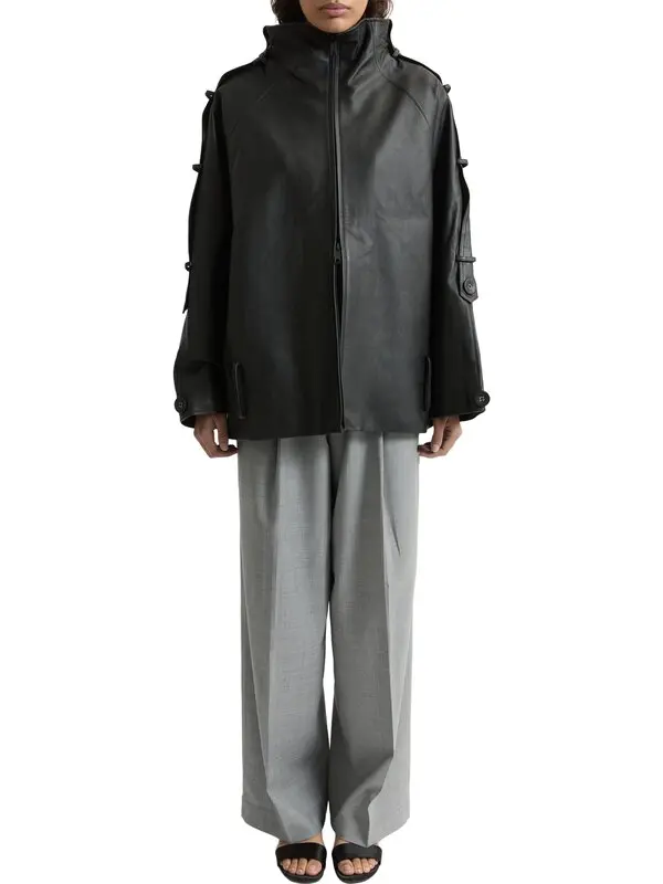 JOAEN Sara Oversized Leather Jacket With Belt - Black