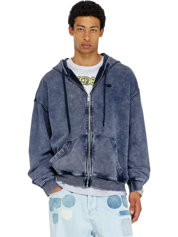 DIESEL® Zip-up Hoodie In Treated Cotton Fleece - Blue