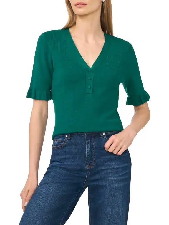 CECE DUPRAZ V-neck Elbow Sleeve Sweater With Ruffled Cuffs - Deep Spruce