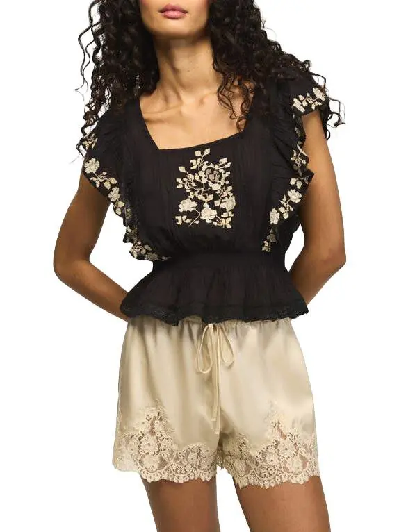Lucky Brand Embroidered Flutter Sleeve Cotton Gauze Top - Caviar