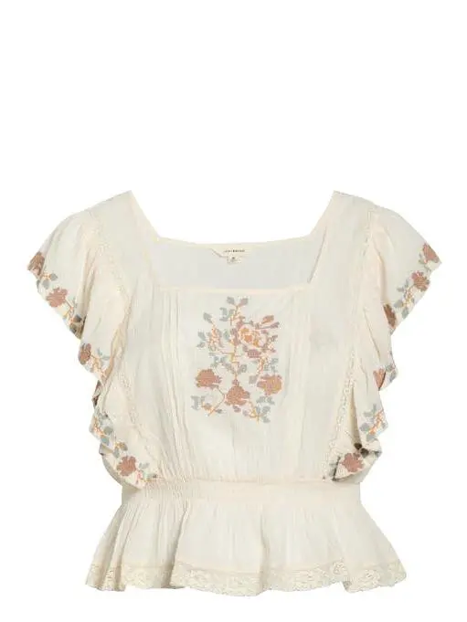 Lucky Brand Floral Embroidered Gauze Top - Cream
