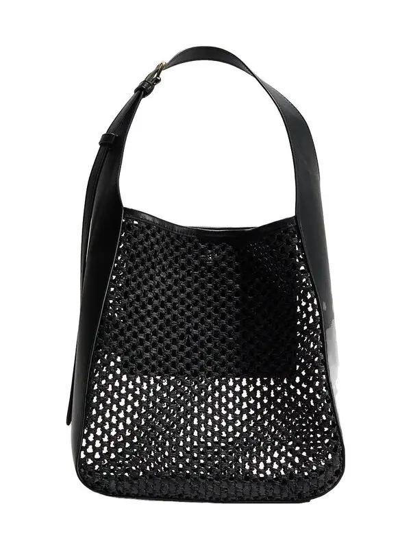 H&m Braided Raffia And Coated Fabric Shoulder Bag - Black