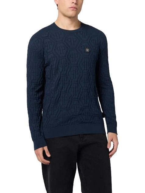 Philipp Plein Jacquard Round Neck Pullover Monogram - Navy