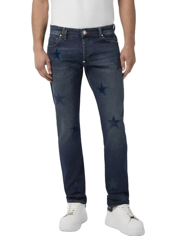 Philipp Plein Super Straight Cut Jeans With Star-shaped Croco-skin Patches - Texasblue