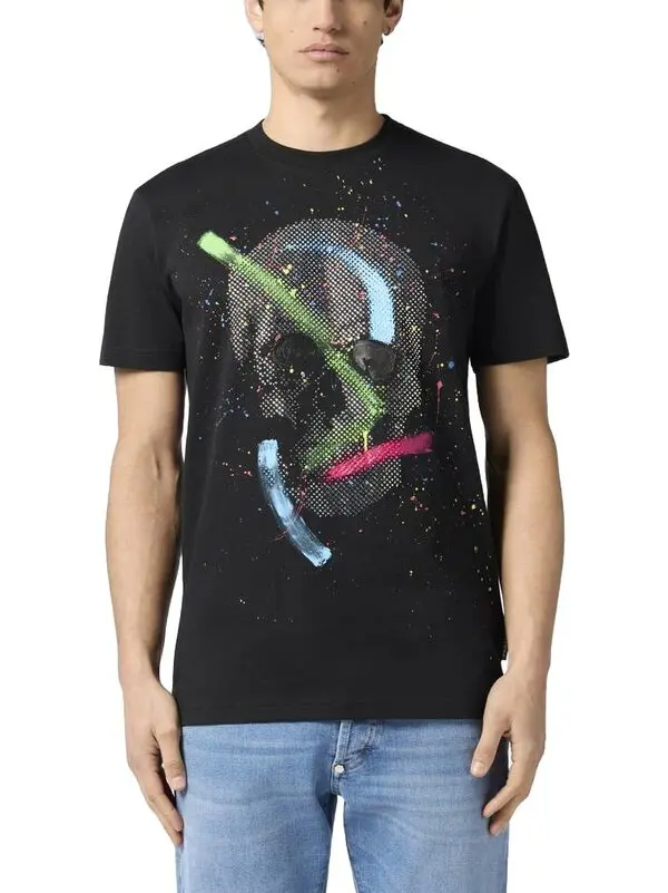 Philipp Plein Round Neck T-shirt Paint Splash Skull - Black