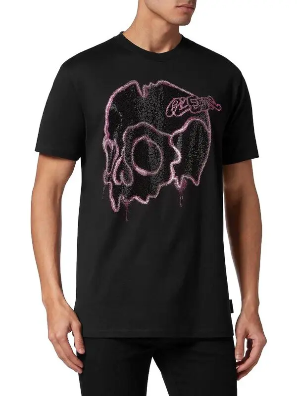 Philipp Plein T-shirt Round Neck Ss With Crystals Dripping Skull - Black