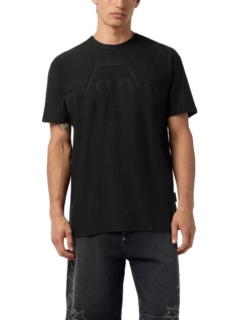 Philipp Plein Round Neck T-shirt Jacquard Hexagon Line - Black