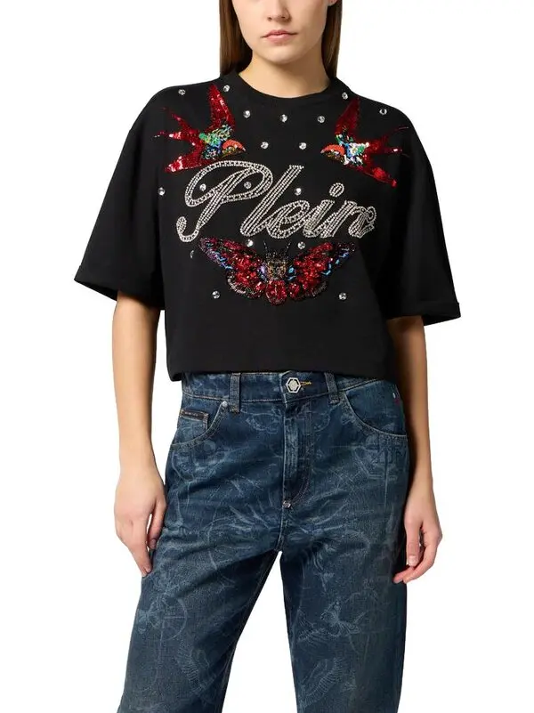 Philipp Plein Cropped T-shirt Tattoo Strass - Black