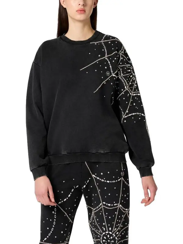 Philipp Plein Spiderweb Embellished Crewneck Sweatshirt - Black