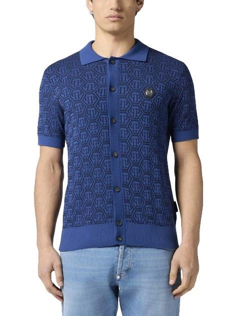 Philipp Plein Buttoned-up Polo Shirt Jacquard Monogram - Navy