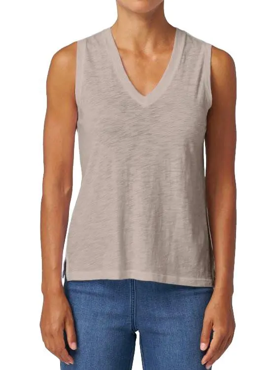 FRANNE GOLDE Slub Jersey V-neck Sleeveless Tank - Sand