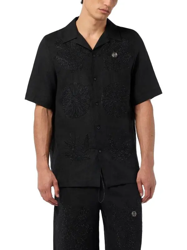 Philipp Plein Embroidered Linen Bowling Shirt Tattoo Strass - Black/black