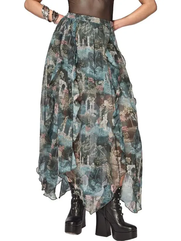 DISTURBIA Thalassa Print Hanky Hem Midi Skirt - Blue