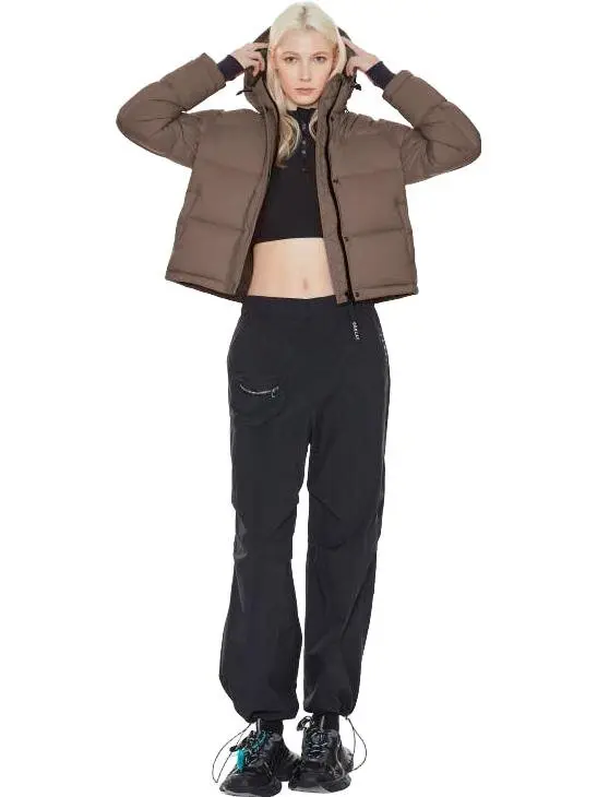 OROLAY Cropped Down Puffer Jacket With Detachable Hood - Coffee