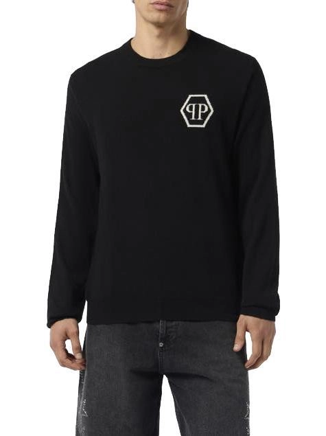 Philipp Plein Pure Cashmere Roundneck Pullover With Jacquard Hexagon Logo - Black