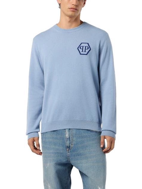 Philipp Plein Pure Cashmere Roundneck Pullover With Jacquard Hexagon Logo - Lightblue