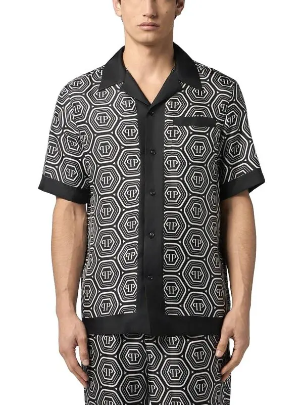 Philipp Plein Silk Bowling Shirt Monogram 70's - Black