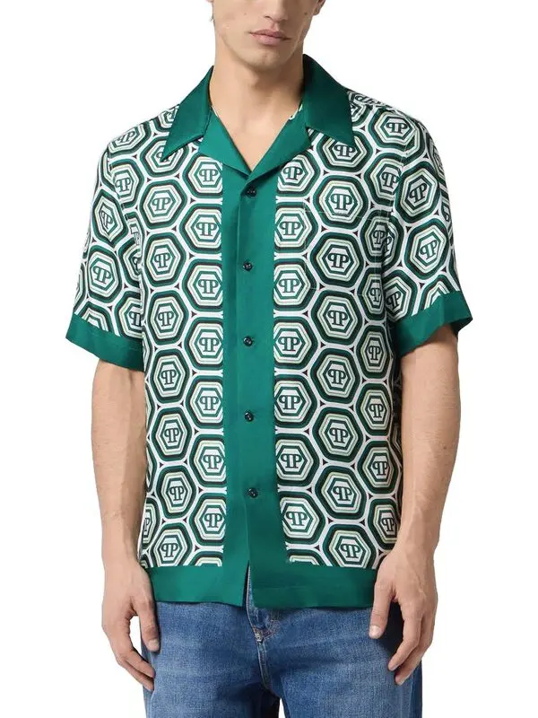 Philipp Plein Silk Bowling Shirt Monogram 70's - Green